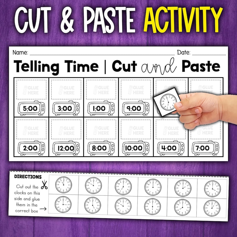 Telling Time Matching Worksheets | Cut & Paste Practice | Analog and ...