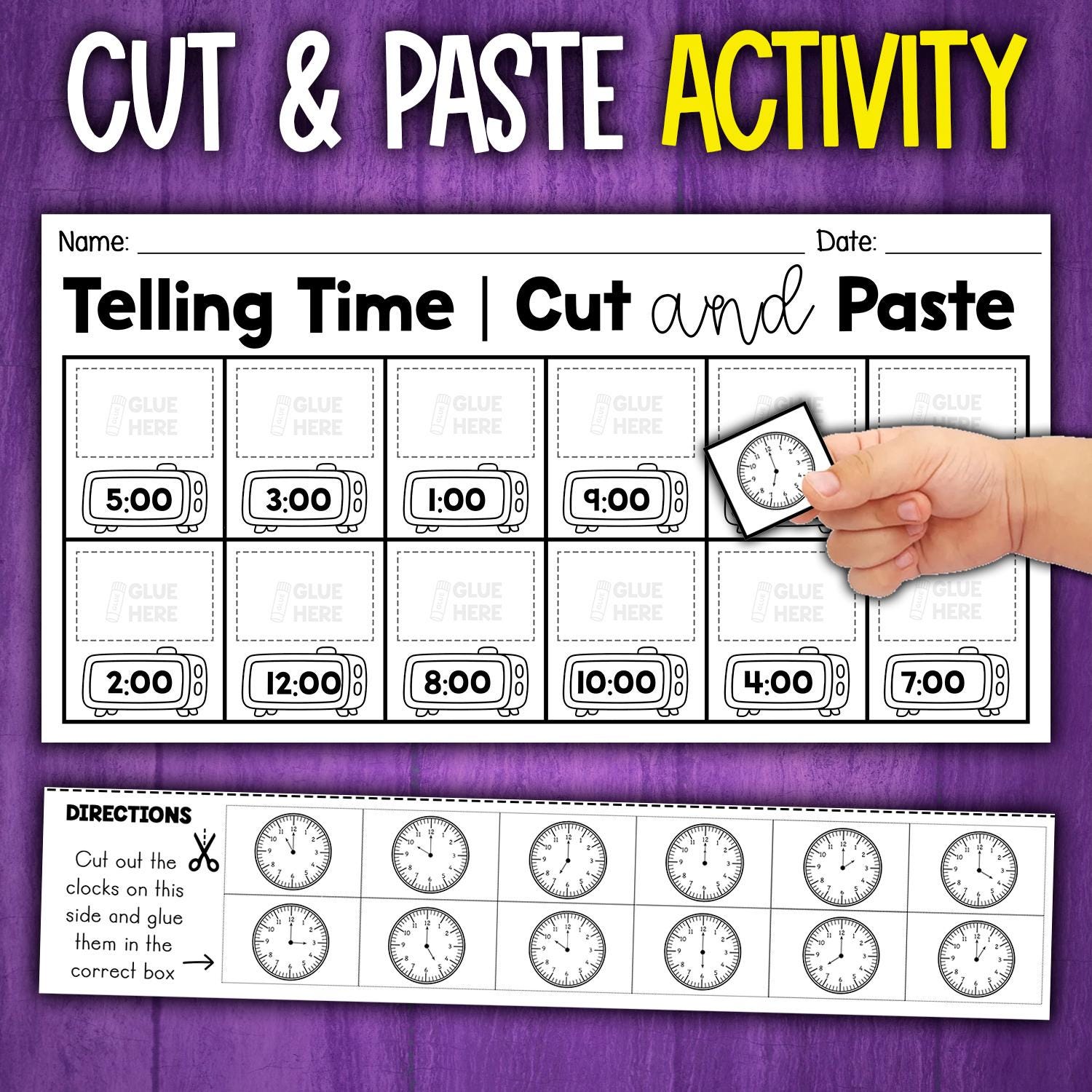 Telling Time Matching Worksheets | Cut & Paste Practice | Analog and ...