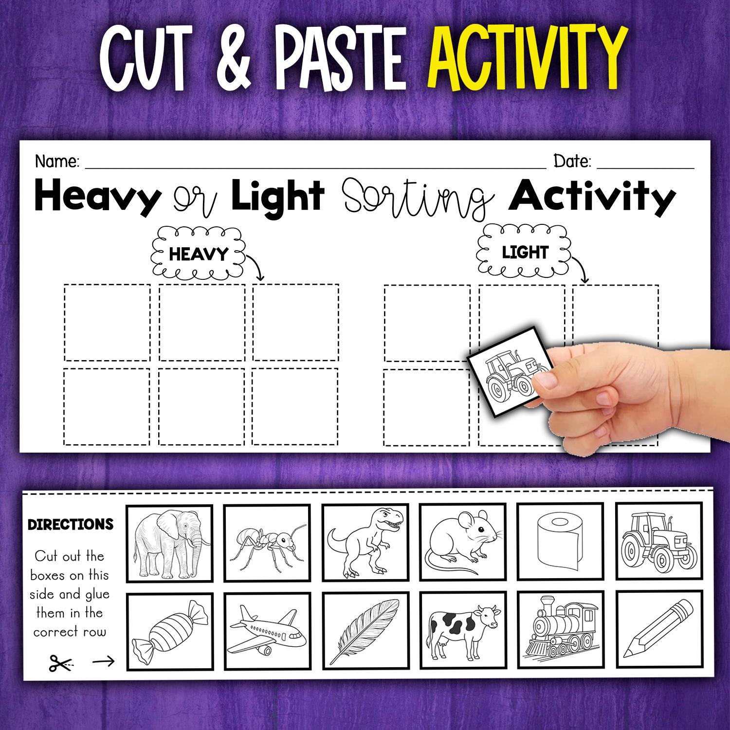 Heavy and Light Sorting Worksheet Activity | Comparing Weight Worksheet ...