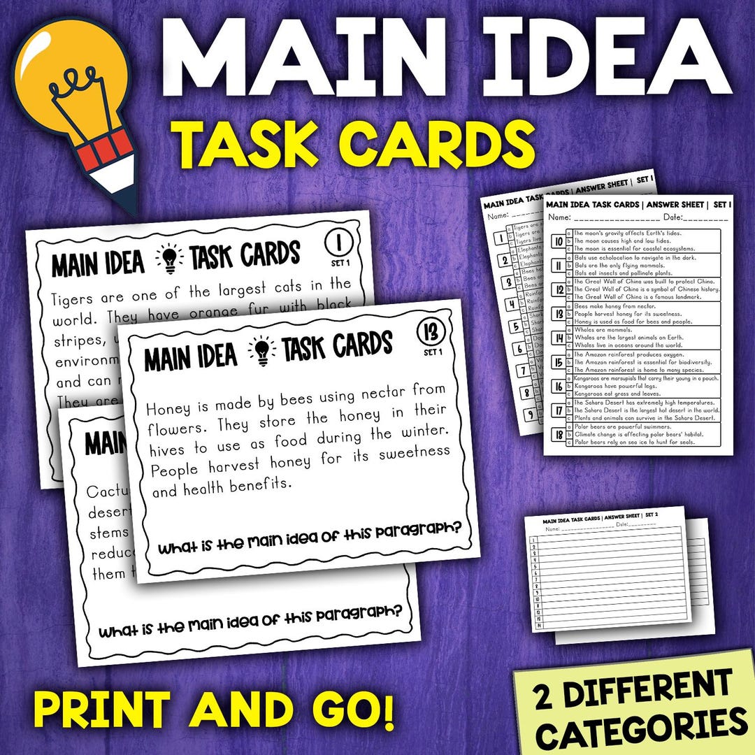 Main Idea Task Cards | Central Idea | Main Idea Activity | Reading ...