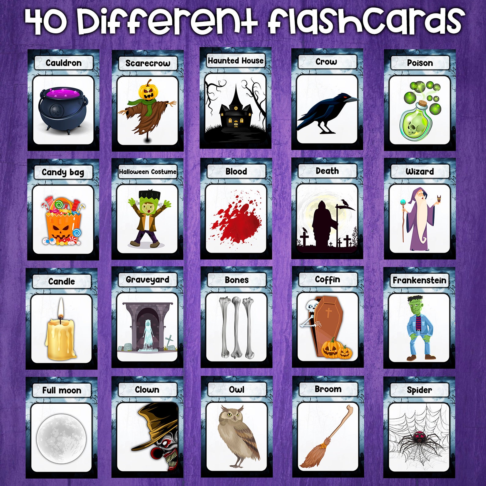Halloween Flashcards | 40 Halloween Vocabulary Cards - Etsy