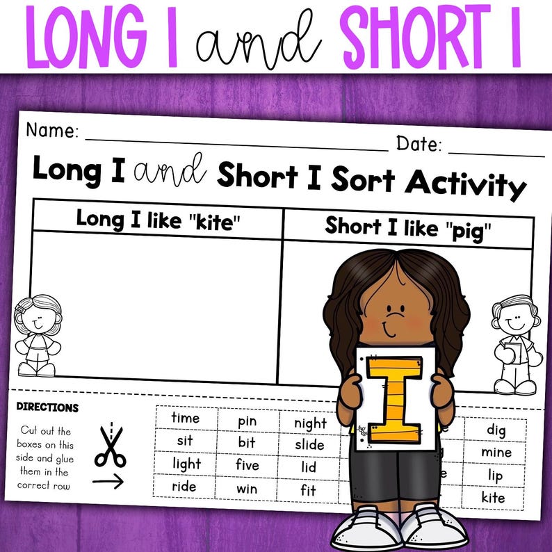 Long I & Short I Vowel Word Sort Activity, VCE Cut and Paste Worksheets ...