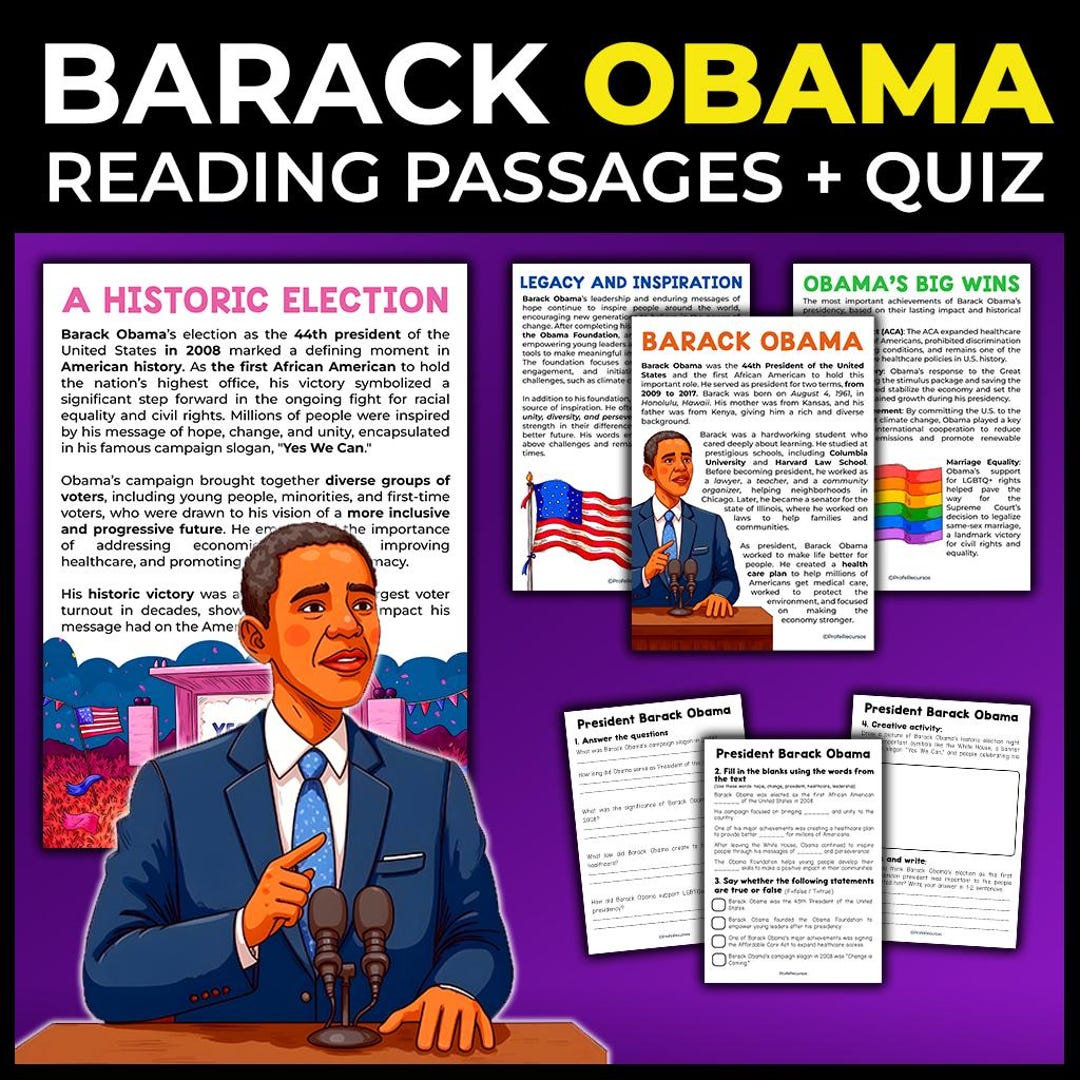 Barack Obama Activity Pack Presidents Day Reading Passages Black ...