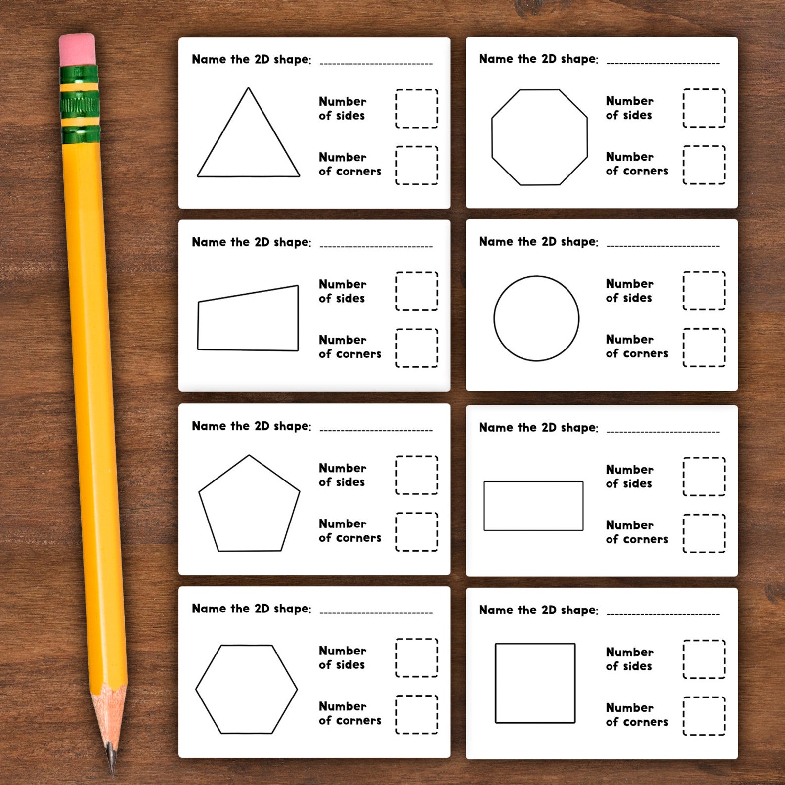 2D Shapes Cards | Side, Vertices, Corners, Edges | 2D Shapes Worksheets ...