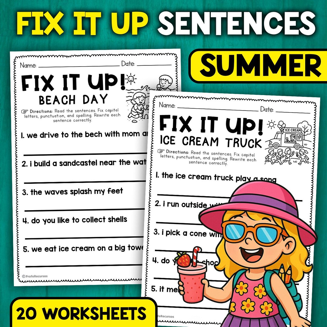 Summer Writing Activities | Fix It up Sentences | Capitalization and ...