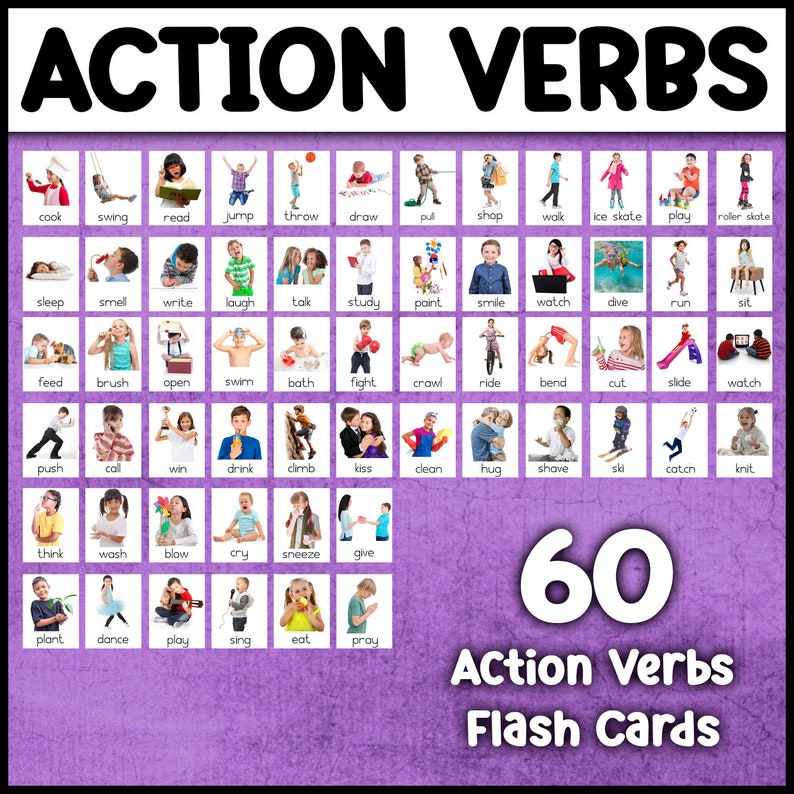 Action Verbs Flashcards for Autism | Speech Therapy ESL Vocabulary Real ...