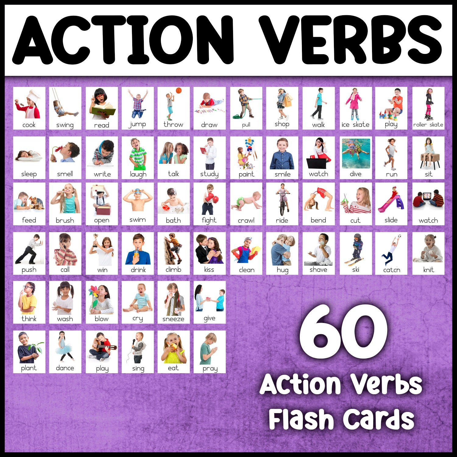 Action Verbs Flashcards for Autism | Speech Therapy ESL Vocabulary Real ...