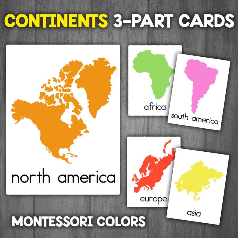 Continents Flashcards | Montessori 3-part Cards | All Continents ...