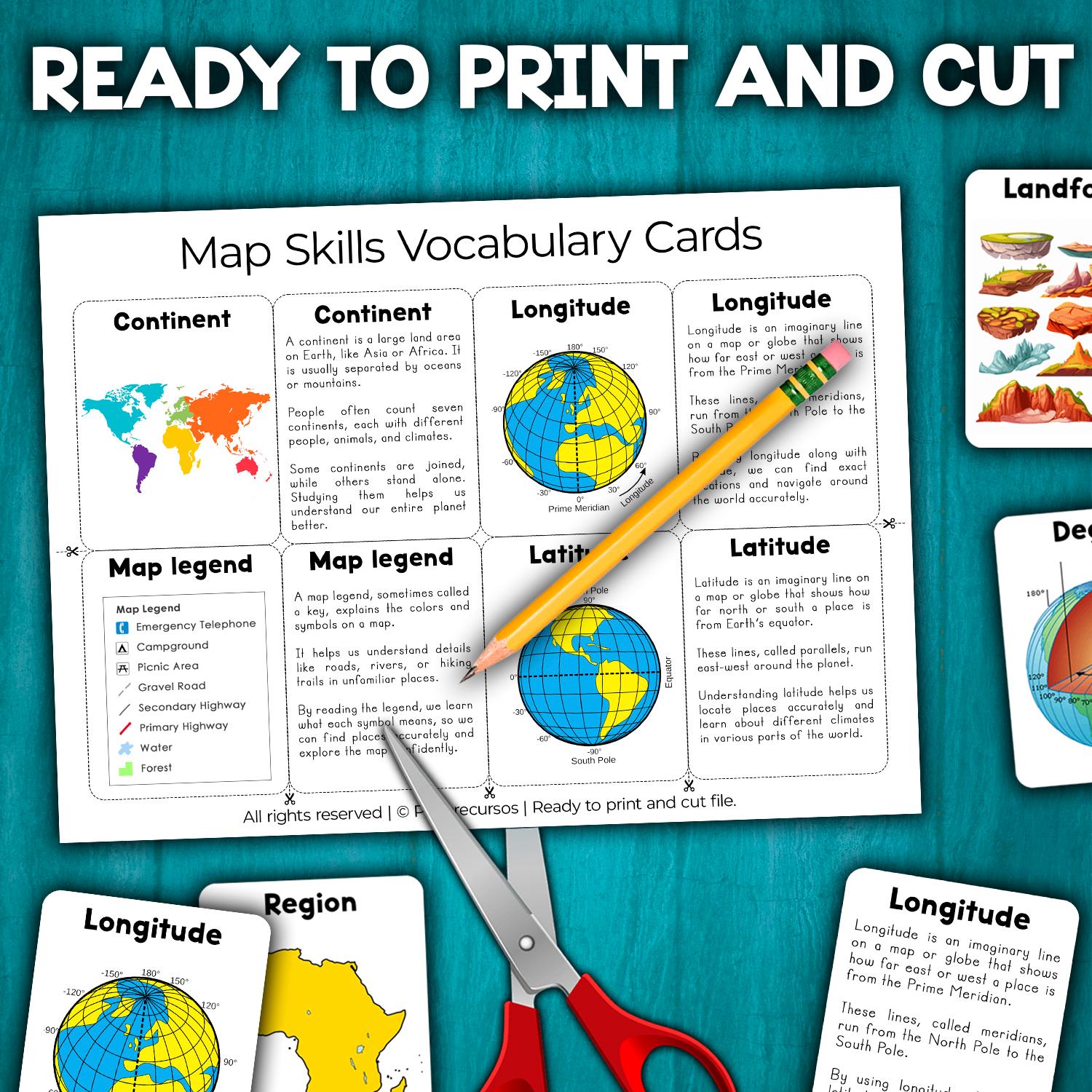 Map Skills Vocabulary Cards | Map Features Flashcards | Geography ...