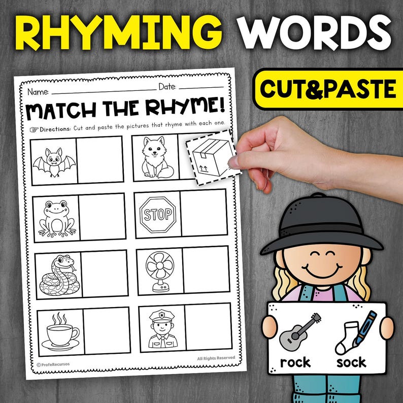 Rhyming Worksheets | Kindergarten Cut and Paste Activity - Etsy