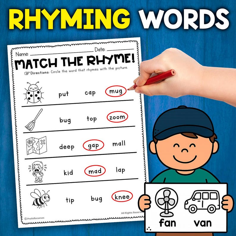 Rhyming Worksheets | Rhyming Words Activities | Kindergarten Phonics - Etsy