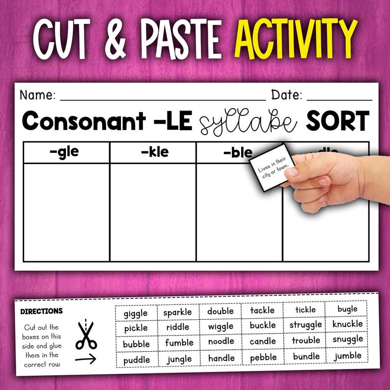Consonant -LE Syllable Sorting Activity | Consonant LE Worksheet ...