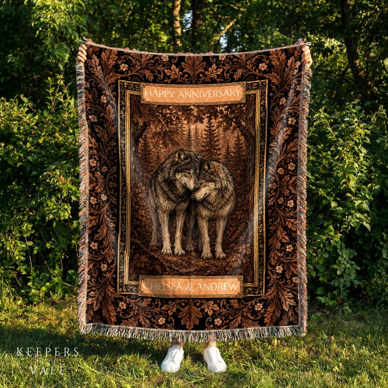 Custom Wolf Couple Tapestry, Anniversary Woven Blanket Gift, Happy ...