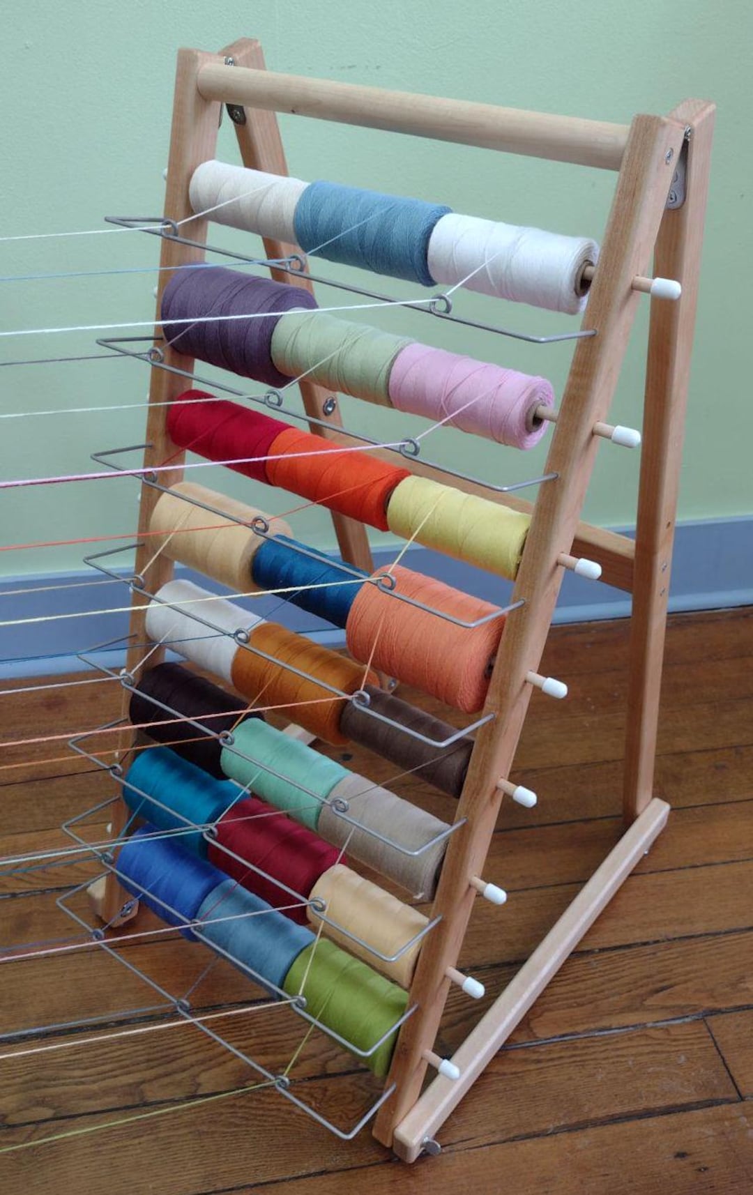 Folding Maple 24 Spool Weaving Warp Yarn Rack. Stainless Pigtail Guides ...