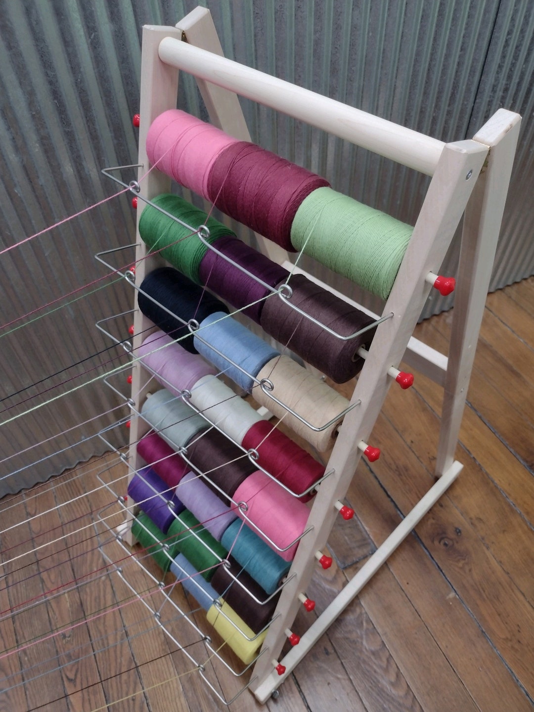 Folding Oak 24 Spool Weaving Warp Yarn Rack. Stainless Pigtail Guides ...
