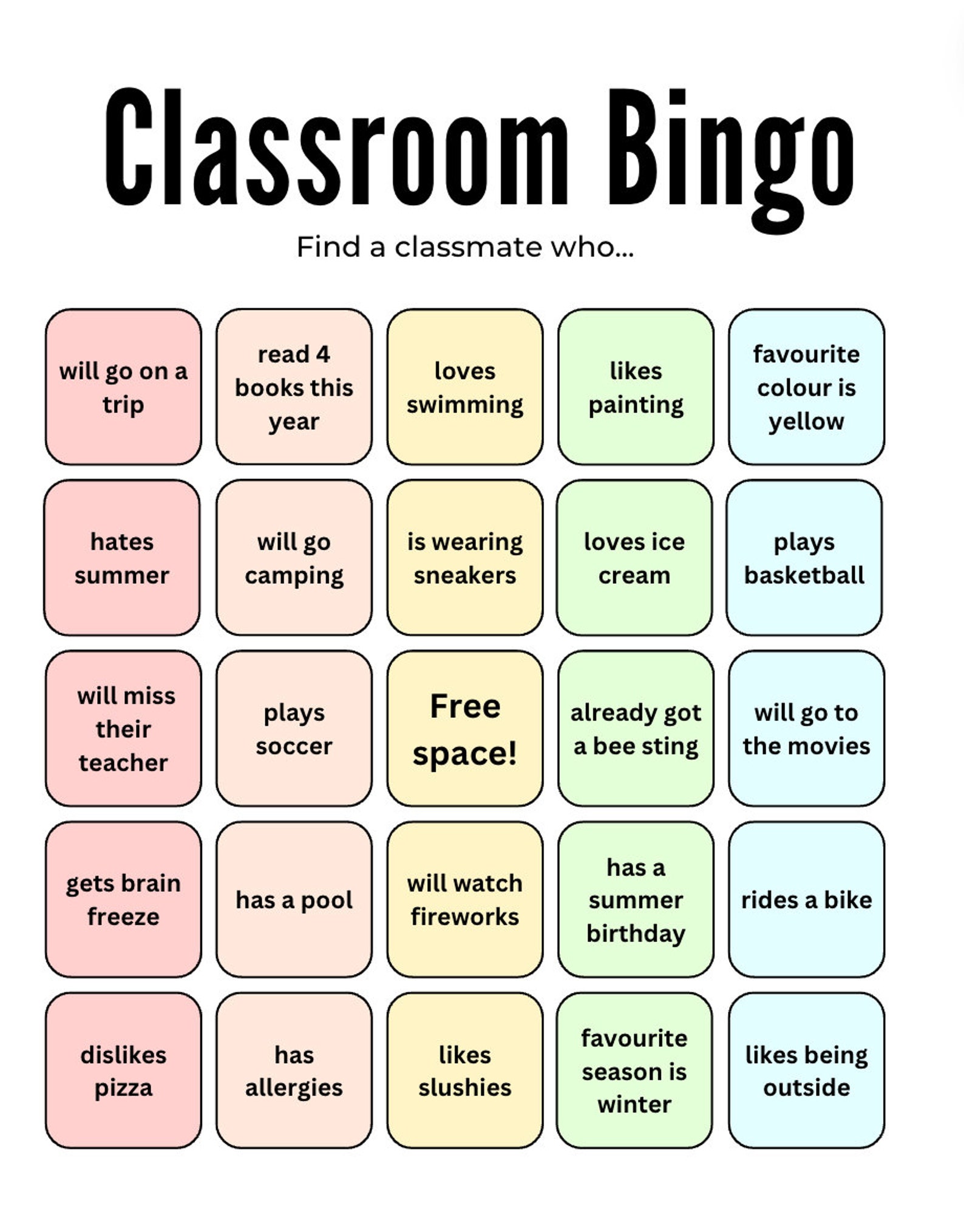 End-of-year School Bingo: Summer Break Edition Find a Classmate - Etsy
