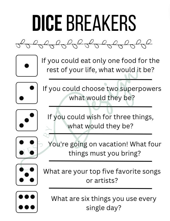 Fun Dice Icebreaker Activity - Customizable - Etsy Canada Fun Dice Icebreaker Activity - Customizable - Etsy Canada