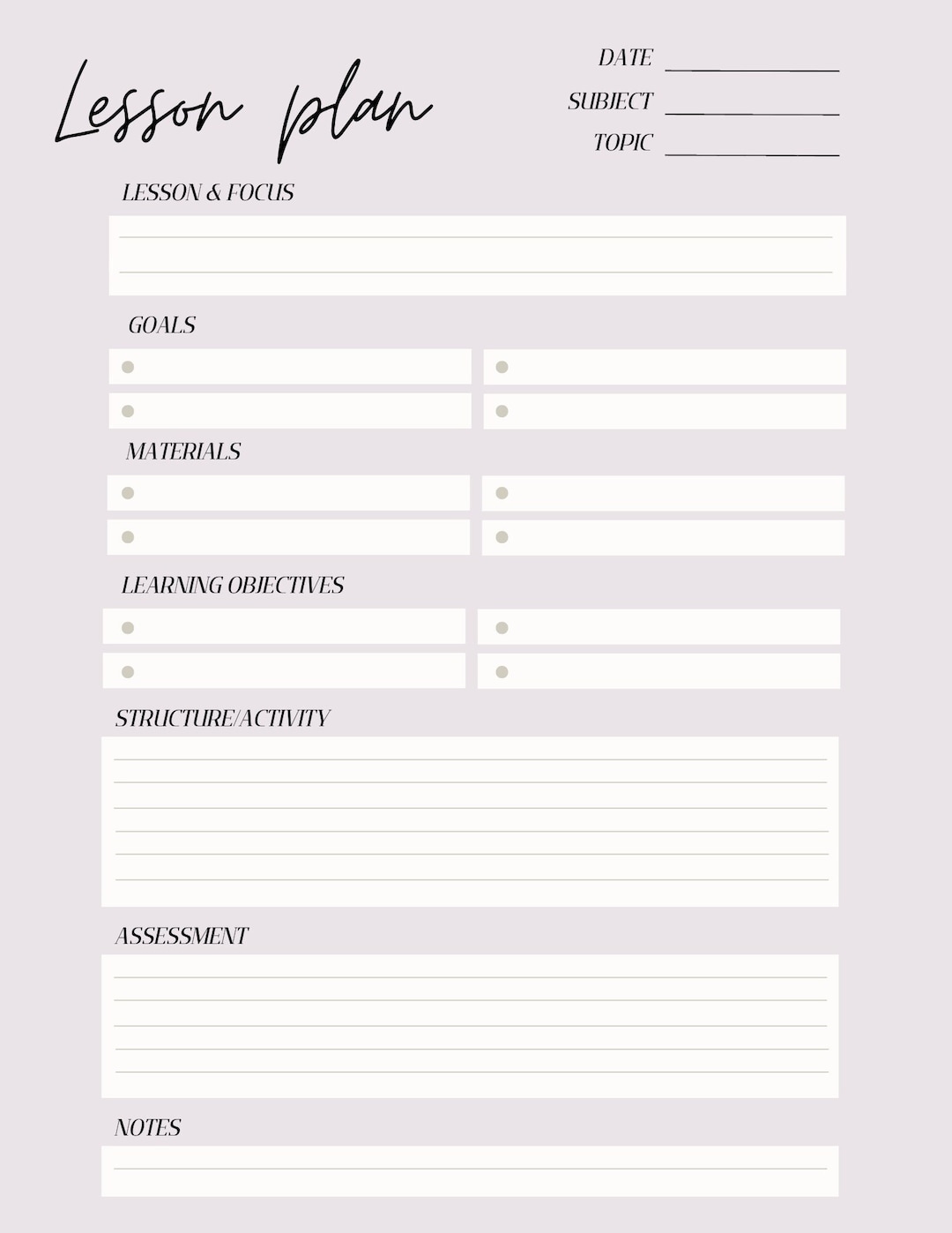 Printable Lesson Plan Resource for Teachers - Etsy