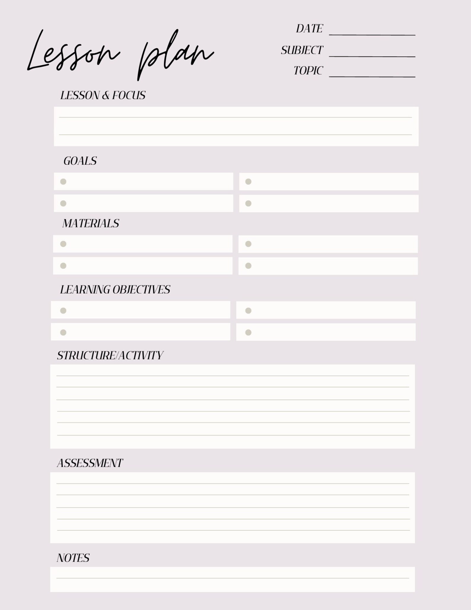 Printable Lesson Plan Resource for Teachers - Etsy