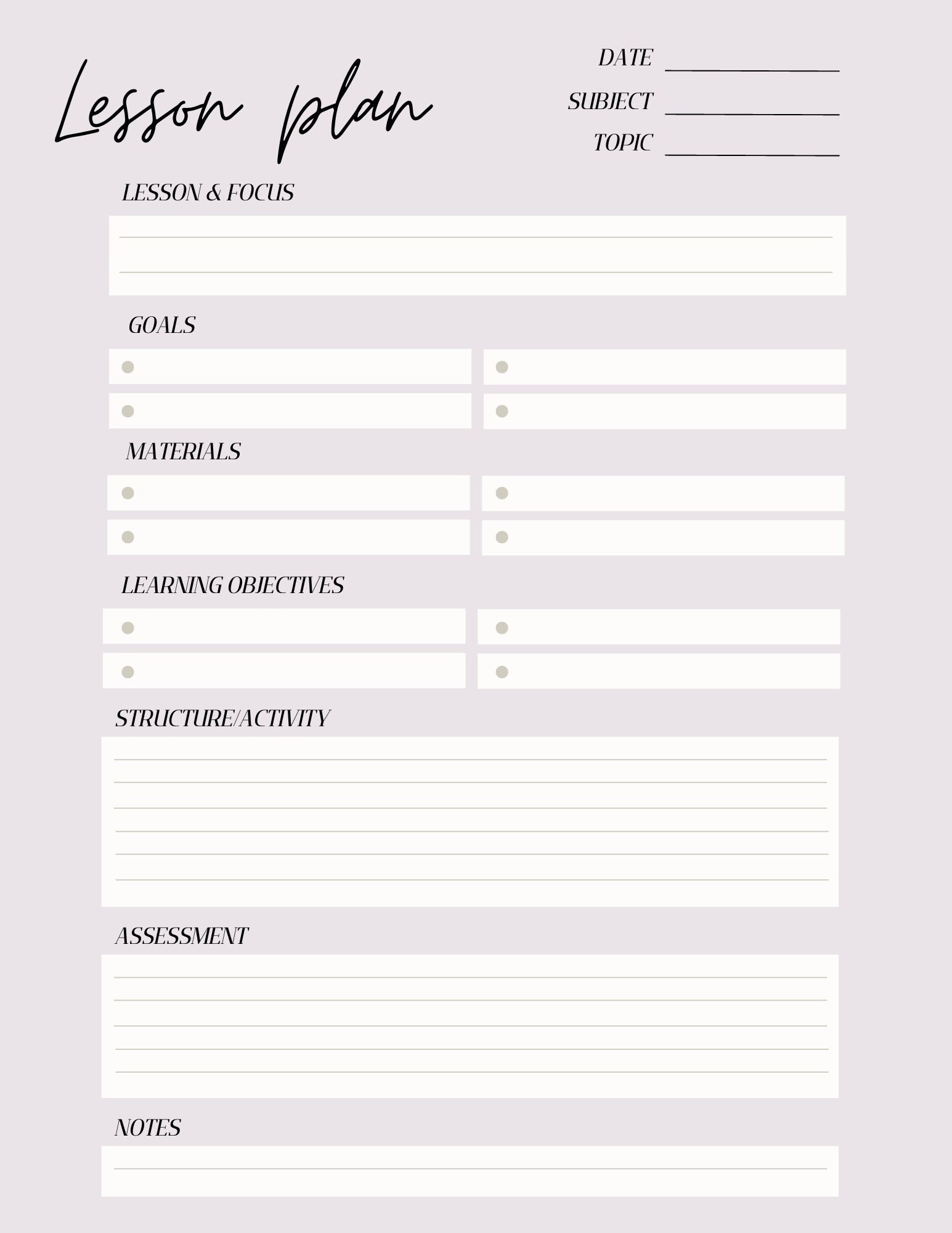 Printable Lesson Plan Resource for Teachers - Etsy