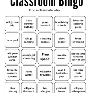 End-of-year School Bingo: Summer Break Edition Find a Classmate - Etsy