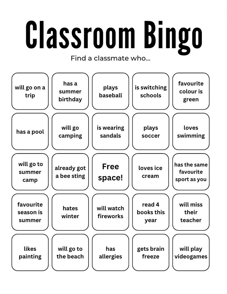 End-of-year School Bingo: Summer Break Edition Find a Classmate - Etsy