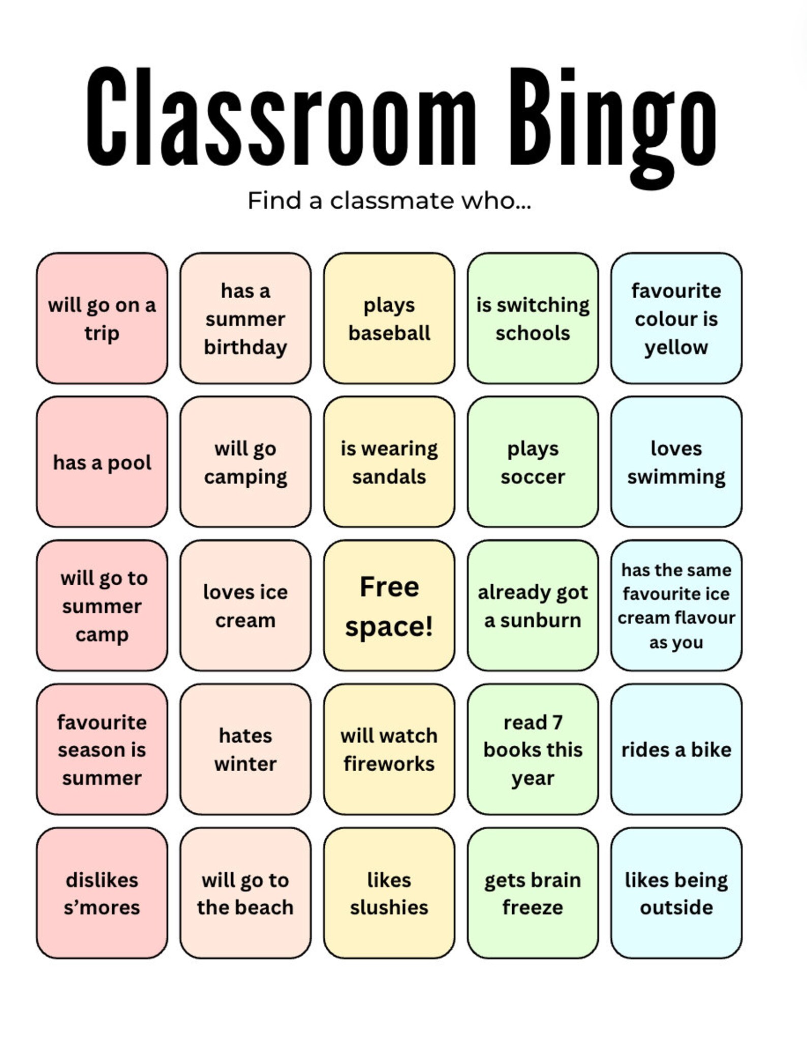 End-of-year School Bingo: Summer Break Edition Find a Classmate - Etsy