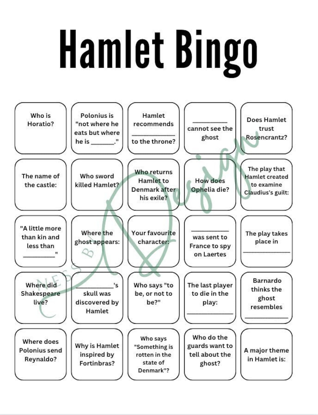 Hamlet Bingo Game Shakespeare Printable - Etsy Hamlet Bingo Game Shakespeare Printable - Etsy