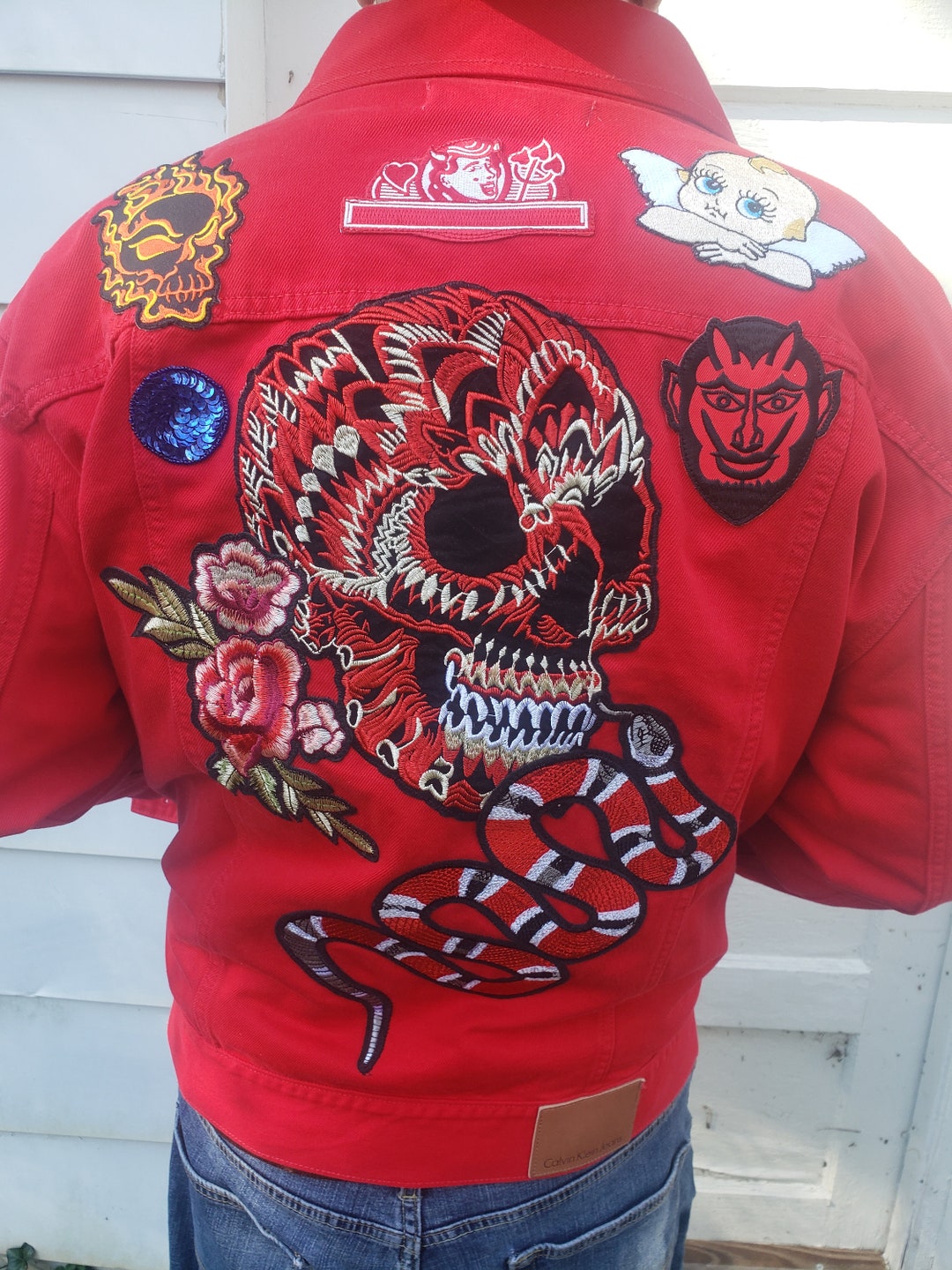 Red Skull With Snake, Roses and Devil Denim Jacket - Etsy