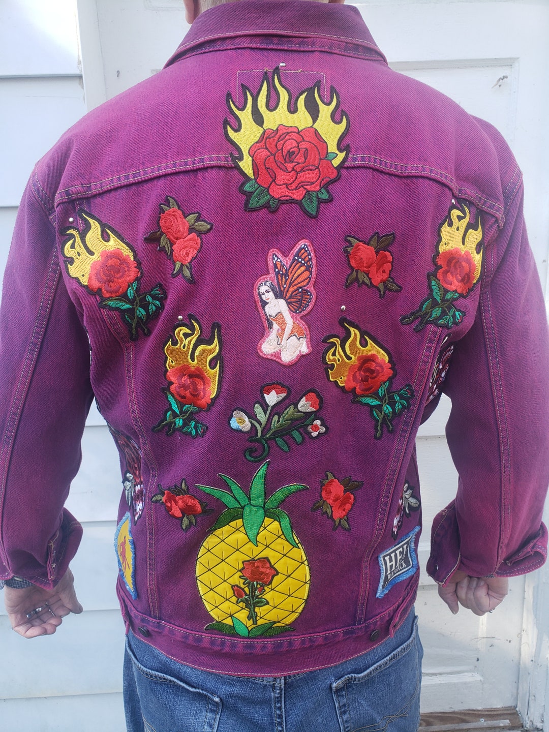 Flaming Red Rose Fairy Jacket With Pineapple Magenta Denim Jacket - Etsy