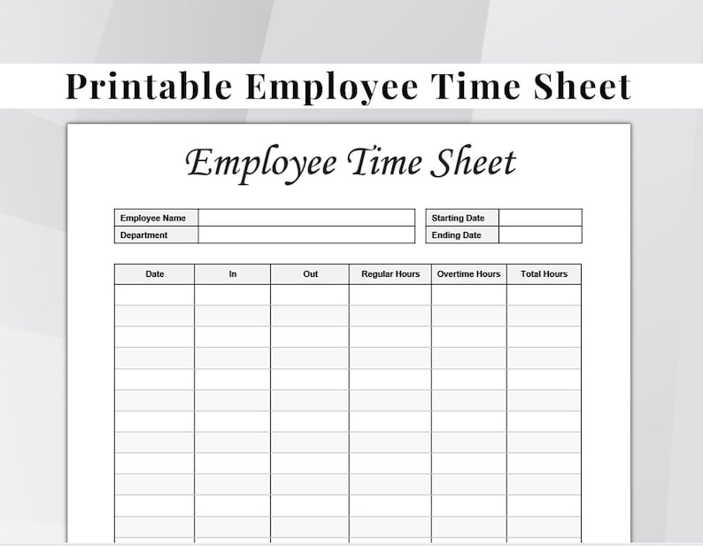 Employee Time Sheet Editable. Timekeeping Sheet. Printable Timesheet ...