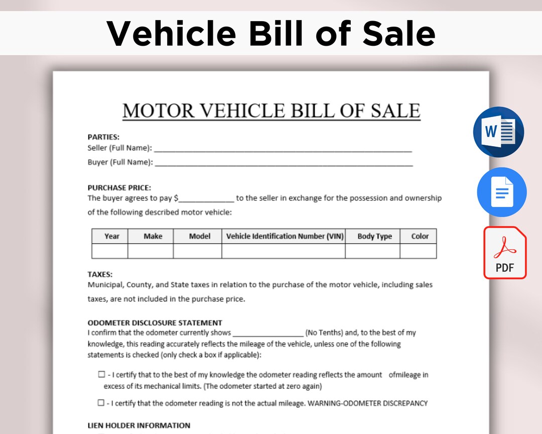 Motor Vehicle Bill of Sale. Printable Car Sale Form. Editable Bill of ...