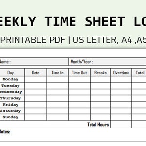 Printable Weekly Time Sheet Log Book Timesheet Log Work Time Record ...