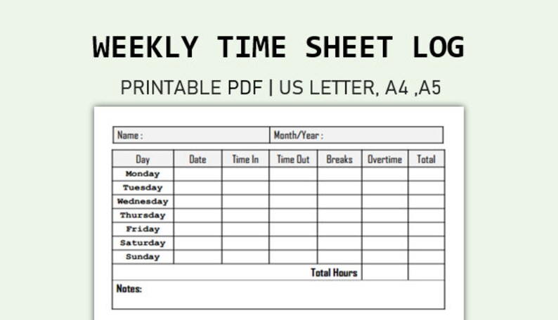 Printable Weekly Time Sheet Log Book Timesheet Log Work Time Record ...