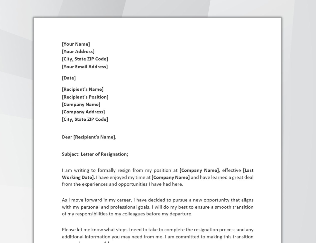 Professional Resignation Letter Template. Editable Letter of ...