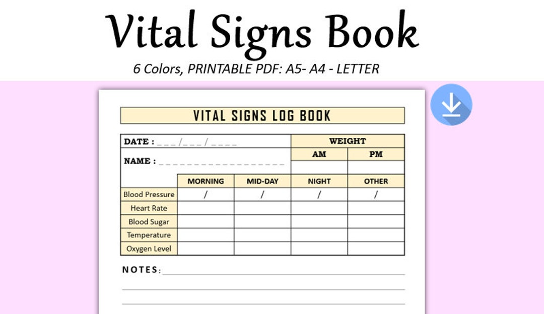 Printable Vital Signs Log Vital Sign Sheet Vital Signs Tracker Template ...