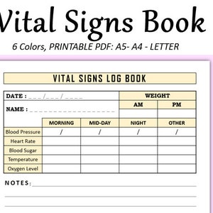 Printable Vital Signs Log Vital Sign Sheet Vital Signs Tracker Template Medical Journal Vitals ...