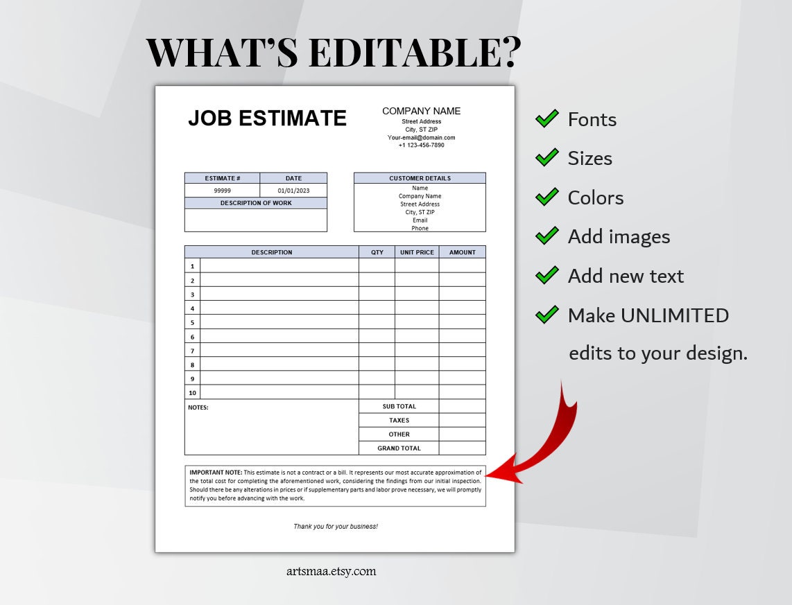 Job Estimate Template. Printable Business Estimate Form. Job - Etsy ...