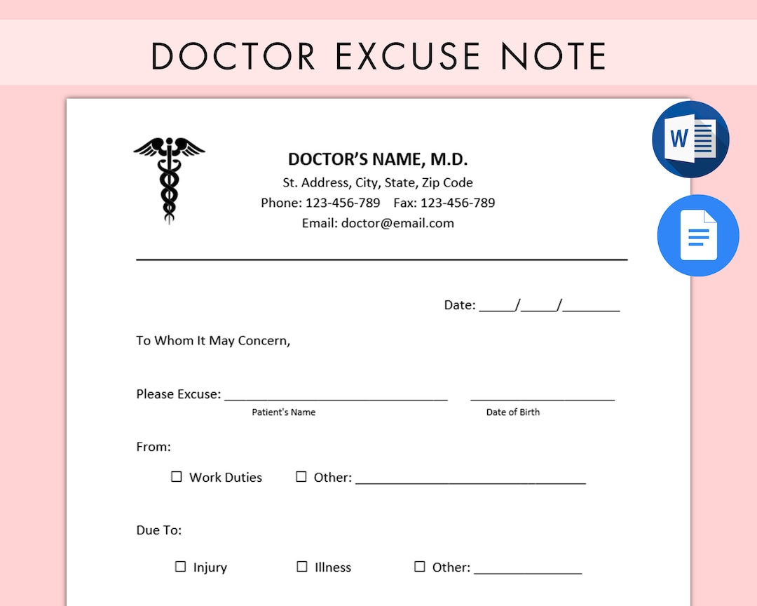 Editable Doctors Note. Doctors Note for Work. School Excuse Note ...