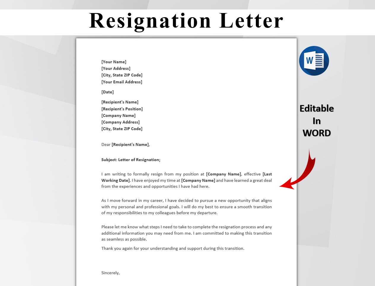 Professional Resignation Letter Template. Editable Letter of ...