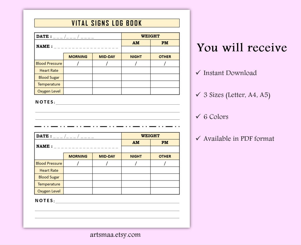 Printable Vital Signs Log Vital Sign Sheet Vital Signs Tracker Template ...