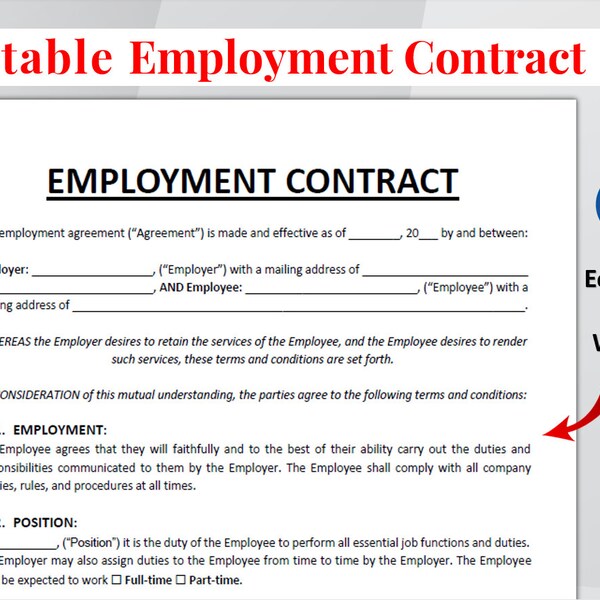 Employment Contract Agreement Template - Etsy