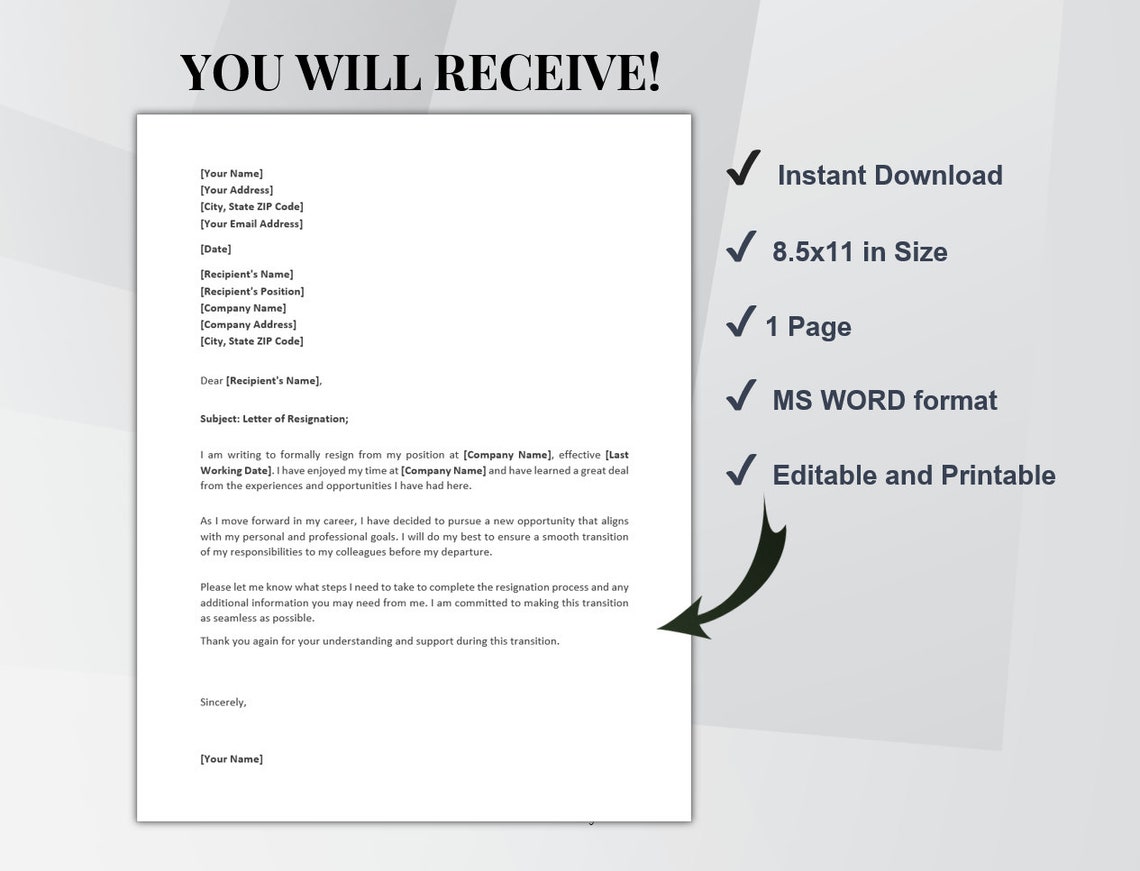 Professional Resignation Letter Template. Editable Letter of ...