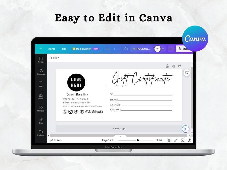 Gift Certificate Template. Editable Gift Card. Printable Gift - Etsy