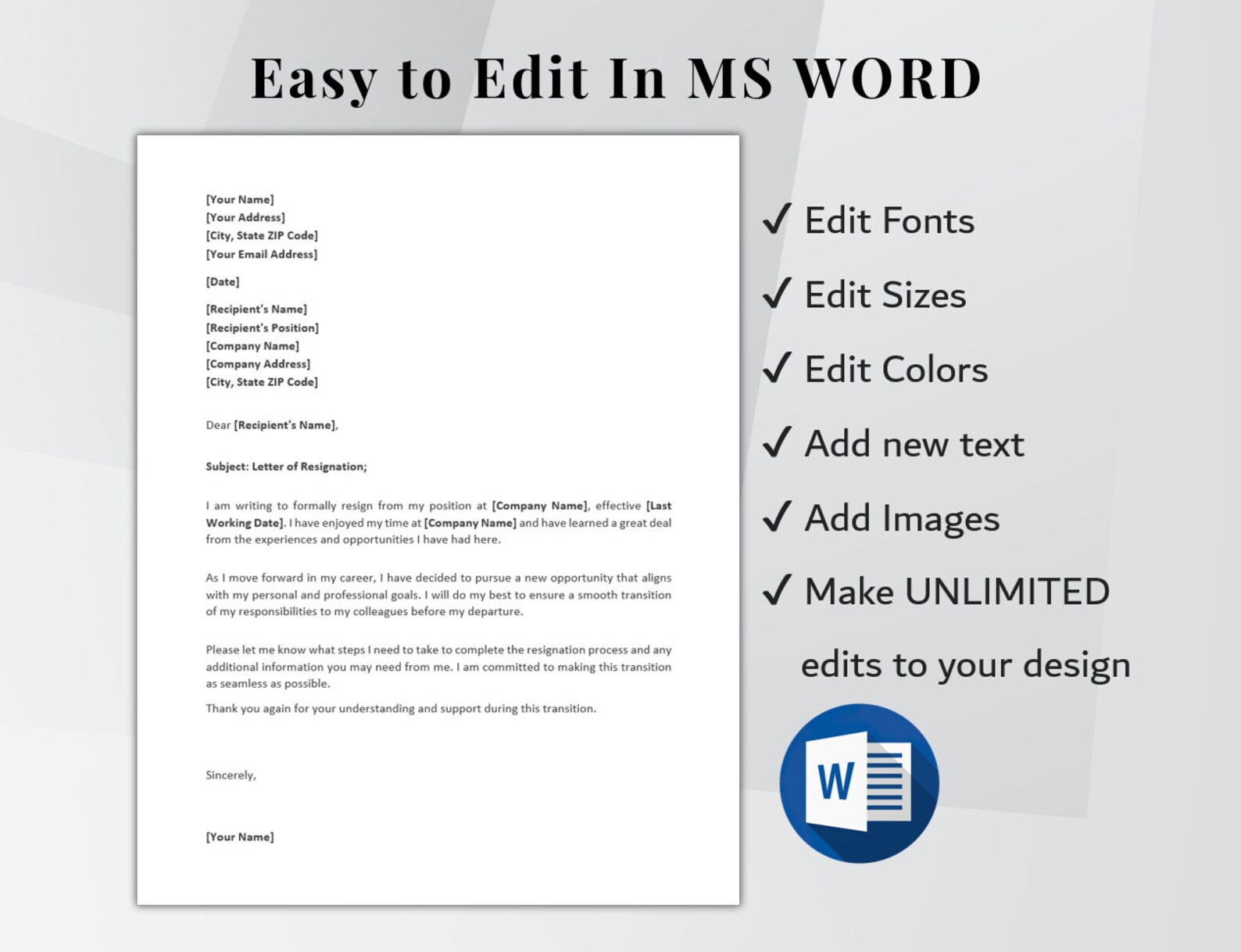 Professional Resignation Letter Template. Editable Letter of ...