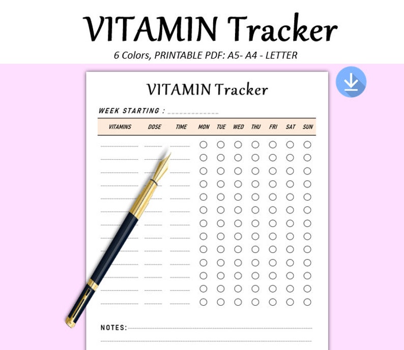 Vitamin Tracker Printable. Daily Vitamin Checklist. Weekly Supplement ...