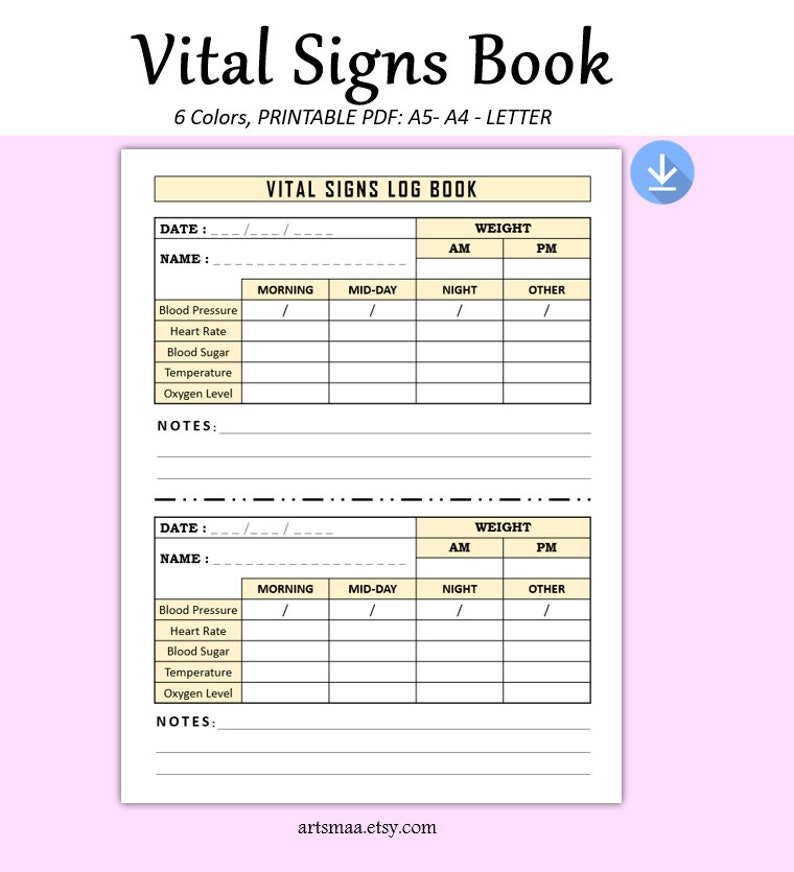 Printable Vital Signs Log Vital Sign Sheet Vital Signs Tracker Template ...