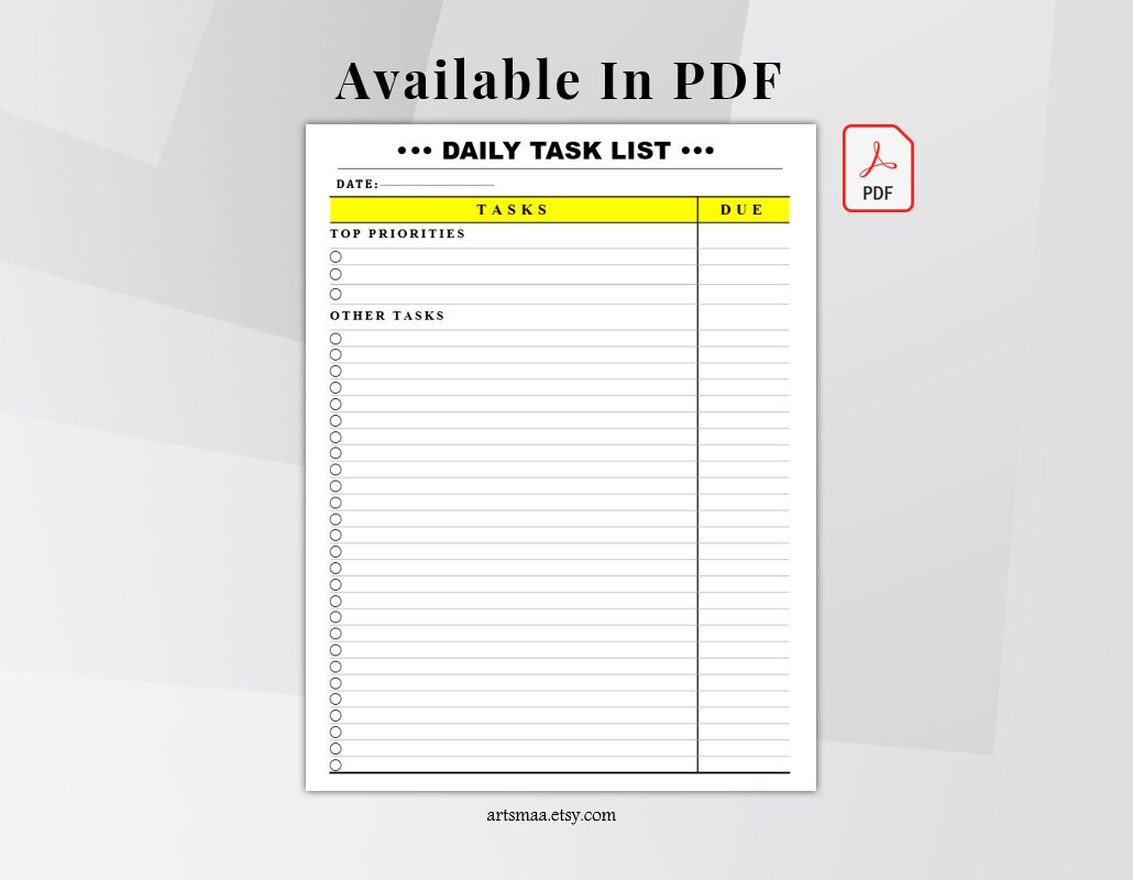 Daily Task List Printable Task Tracker Template Tasks Planner Project ...