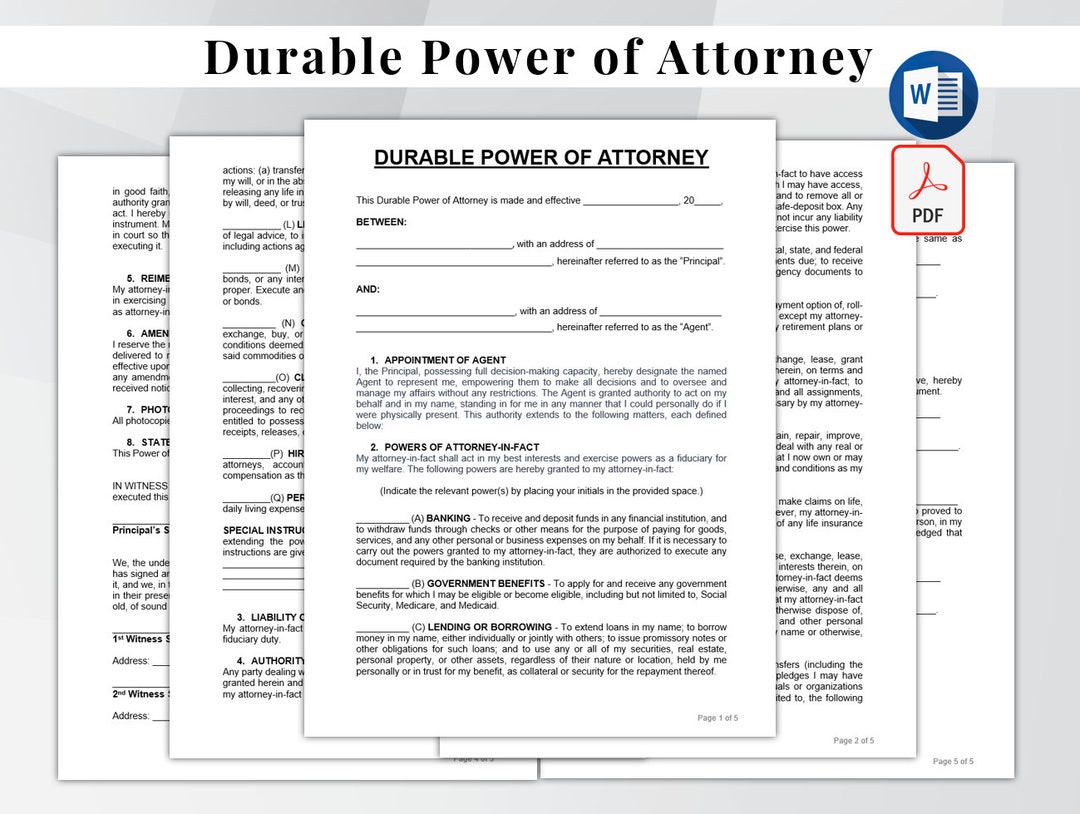 EDITABLE Durable Power of Attorney Template. Printable POA Form. Power ...