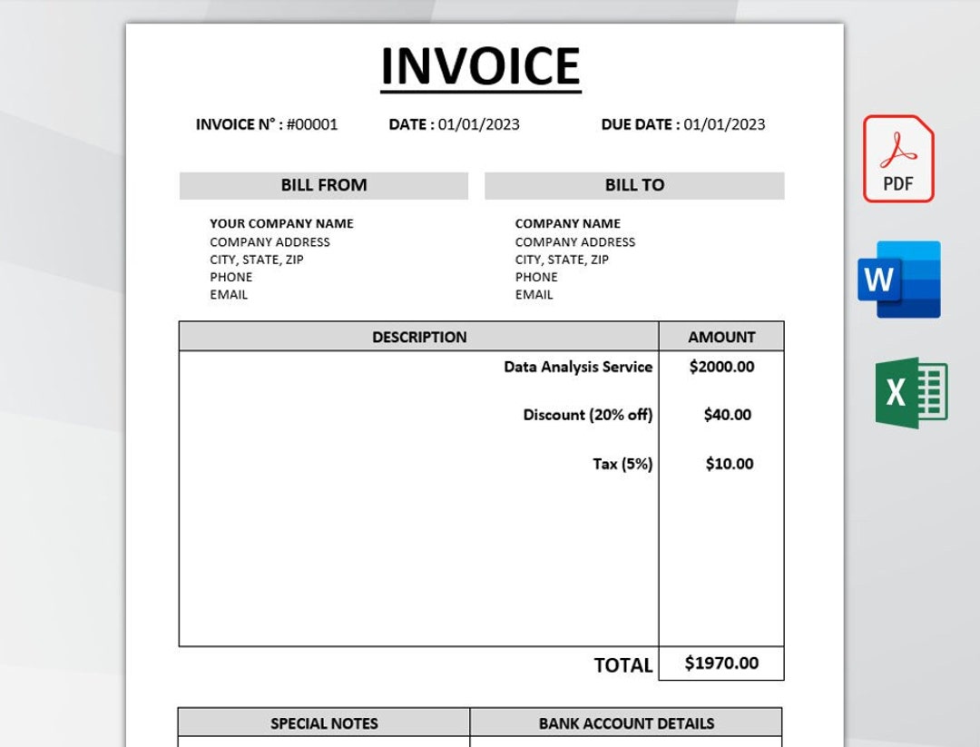 Invoice Template for Small Business Editable PDF/ Word/ Excel Invoice ...